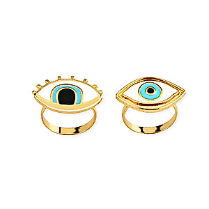HUJUON 2 Pieces Gold Evil Eye Rings Set Asymmetry Evil Eye Finger Stackable Ring Blue Eye Protection Lucky Jewelry for Women (Blue)