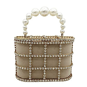 DDQYYSPP Synthetic Pearl Top-Handle Women Metal Bucket Bag Crystal Evening Purses and Clutches Formal Wedding Handbags, Gold
