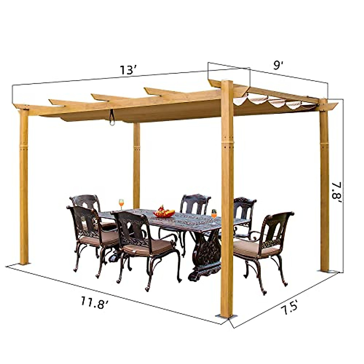 Domi 9’x13' Outdoor Retractable Pergola Against The Wall with Sun Shade Canopy, Pergolas and Gazebos Clearance, Patio Metal Canopy for Deck, Garden, Backyard(Wood-Looking)