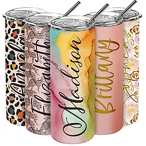 Personalized Skinny Tumbler with Lid & Straw, 20 Oz with Custom Text, 21 Color Styles, 10 Fonts - Personalized Gifts for Mom, Bridesmaid Proposal Gifts, Best Friend Birthday Gifts for Women