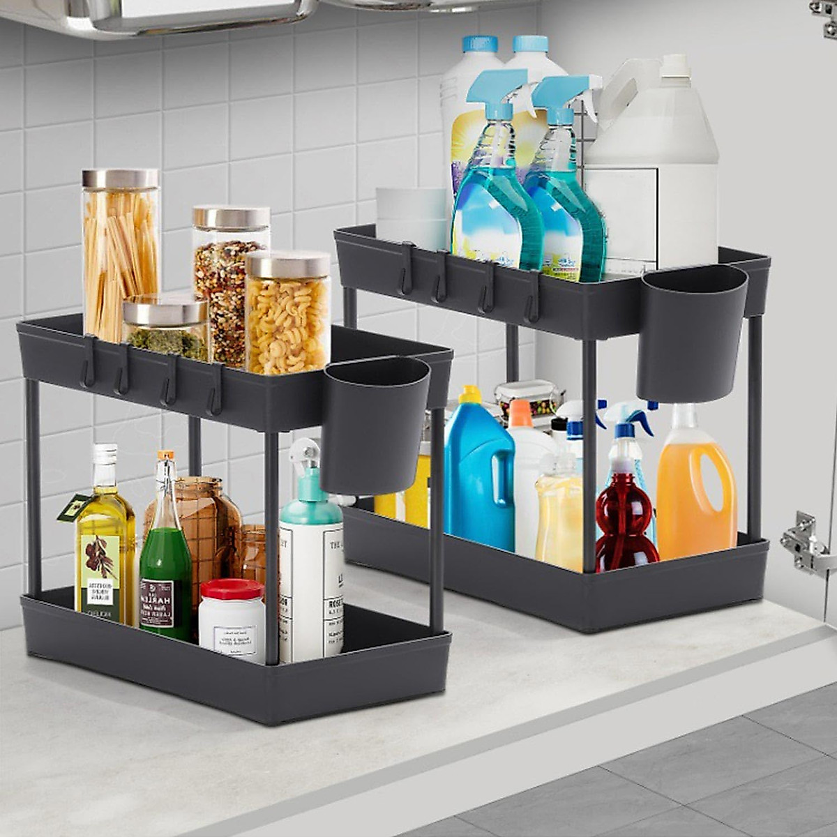 2 Pack Under Sink Organizer Storage with Sliding Cabinet Basket 2 Tier Multi-Purpose Under Sink Organizer and Storage for Bathroom Kitchen with 4 Hooks,2 Pack,Black