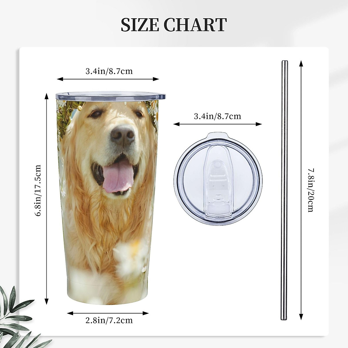 EVANEM 20 Oz Stainless Steel Tumbler With Straw Cleaner Dogs With Flowers Printed Insulated Cup Travel Coffee Mug Vacuum Insulated Tumblers For Home Office