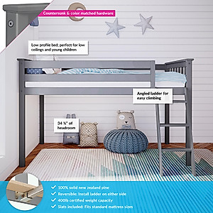 Max & Lily Low Loft Bed, Twin Bed Frame For Kids, Grey