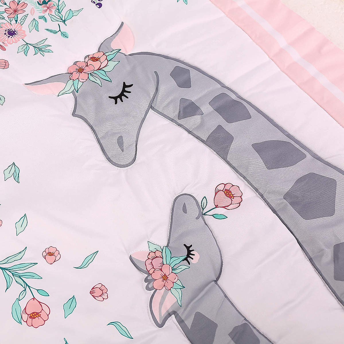 HUPO 4 PC Crib Bedding Set for Girls, Pink Nursery Crib Bedding Set GiraffeBlush Pink Flower, Crib Sets Including Crib Skirt, Crib Quilt, Crib Sheet and Diaper Stacker, Deer-pink