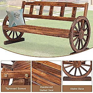 Kinsunny 3-Person Wooden Wagon Wheel Bench Rustic Wood Seat Bench Outside Rustic Benches for Patio Garden Outdoor
