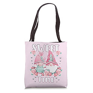 Gnome pair with roses, pink garden gnomes with roses Tote Bag