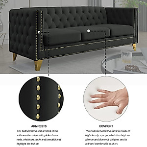 ATUMON Modern 2 Piece 81" 3-Seater Velvet Sofa Set,Buttons Tufted and Square Arm,Inlaid Gold Nail Heads and 4 Golden Metal Legs for Living Room (Black, 81" 3+3 Seat Velvet Sofa Sets)