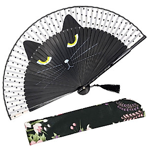 OMyTea "Sexy Cat Folding Hand Held Fan for Women - with a Fabric Sleeve for Protection - Chinese/Japanese Vintage Retro Style for Wedding, Dancing, Church, Party, Gifts (Black)