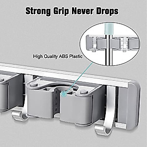 2 Pack Mop Broom Holder Wall Mount, Garden Tool Storage Organizer, Wall Hanger Hooks Rack for Home, Metal Aluminum Garage Laundry Room Organization and Storage, Silver (4 Slots&5 Hooks)