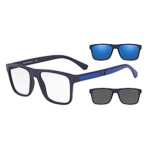 Emporio Armani Men's EA4115 Prescription Eyewear Frames with Two Interchangeable Sun Clip-Ons Rectangular, Matte Dark Blue/Clear/Grey/Blue Mirrored, 54 mm
