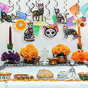 30 Pcs Day of The Dead Decorations Mexican Skeleton Cat Swirl Hanging Ornaments DIY Sugar Skeleton Cat Cutouts for Halloween Cinco De Mayo Dia De Muertos Party Supplies