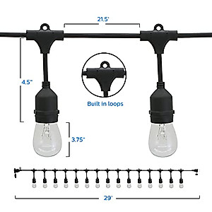 PHILIPS 29 FT Outdoor String Lights with 15 Clear Incandescent Bulbs & Black Wire - Durable & Weatherproof - Hanging Decor for Parties, Weddings, Backyards, Decks, Patios - Vintage-Style Edison Bulbs