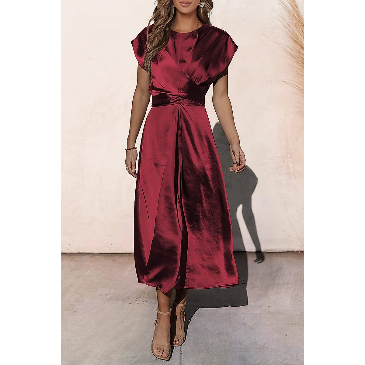 PRETTYGARDEN Women's 2024 Summer Satin Midi Dress Cap Sleeve Tie Waist Elegant A-Line Flowy Dresses (Wine Red,Medium)