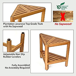 Asta Bora Solid Teak Indoor Outdoor Shower/Bath/Spa Corner Stool with Shelf, Fully Assembled, SpaTeak Collection, TB-009
