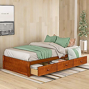 SOFTSEA Storage Bed with Drawers for Kids Twin Bed Frame Wood Platform Bed Frame with Wood Slat Support, No Box Spring Needed (Oak)