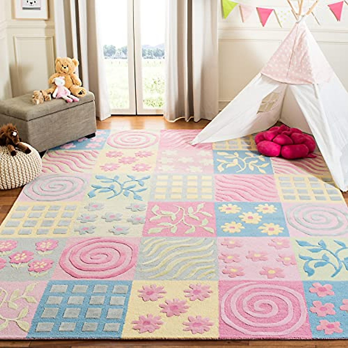 SAFAVIEH Kids Collection 3' x 5' Pink/Multi SFK356A Handmade Floral Wool Area Rug