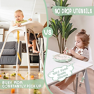 Upgraded Suction Plates for Baby, with Divided Stainless Steel Spoon and Fork Silicone Toy Straps EAZMOM All-in-one Plates Silicone Placemat for Babies Toddlers Self Feeding - Green