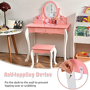 HONEY JOY Kids Vanity and Stool Set, Toddlers Pretend Play Vanity Set with 3 Drawers, 360° Rotating Oval Mirror, Wooden Girls Makeup Dressing Table for Bedroom Playroom, Gift for Little Girls (Pink)