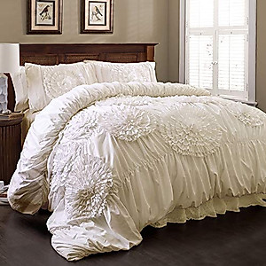Lush Decor Serena Rouched Flower Vintage Chic Farmhouse 3 Piece Comforter Set, King, Ivory