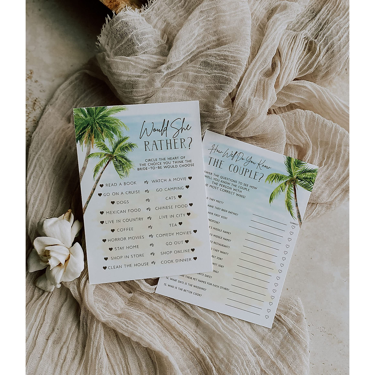 Your Main Event Prints Palm Tree Beach, Wedding Bridal Shower Games Guest Quest, He Said She Said, Would She Rather, How Well Do You Know(Set of 4 Fun Activities for 25 Guests)