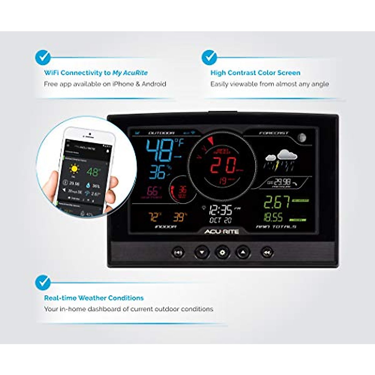 AcuRite Iris (5-in-1) Weather Station Display, Remote Monitoring of Temperature, Humidity, and Wind Speed/Direction (01544M) Wi-Fi Connection for Home (01544), Black