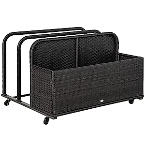 Outsunny Wicker Patio Poolside Float Storage Basket, PE Rattan Outdoor Pool Caddy with Rolling Wheels for Floaties, Noodles, Life Vests, Beach Balls, Toys, Brown