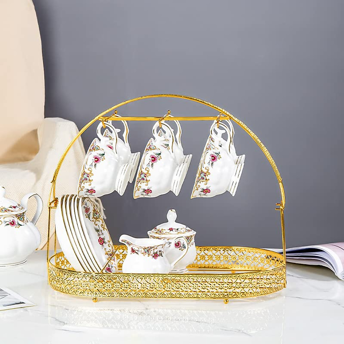 Piscepio Mug Holder Coffee Mug Rack Coffee Cup Holder Stand Dishes Organizer Wrought Iron Mug Drainer Storage Drying Rack for Counter Cabinet Table Kitchen Restaurant Office (Gold A)