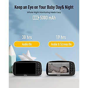 HOHOO Baby Monitor, 5" 720P HD Split Screen, 30 Hours Battery Life Baby Monitor with Camera and Audio|Remote PTZ, Two-Way Audio, Zoom, Night Vision, Lullabies, 960ft Long Range