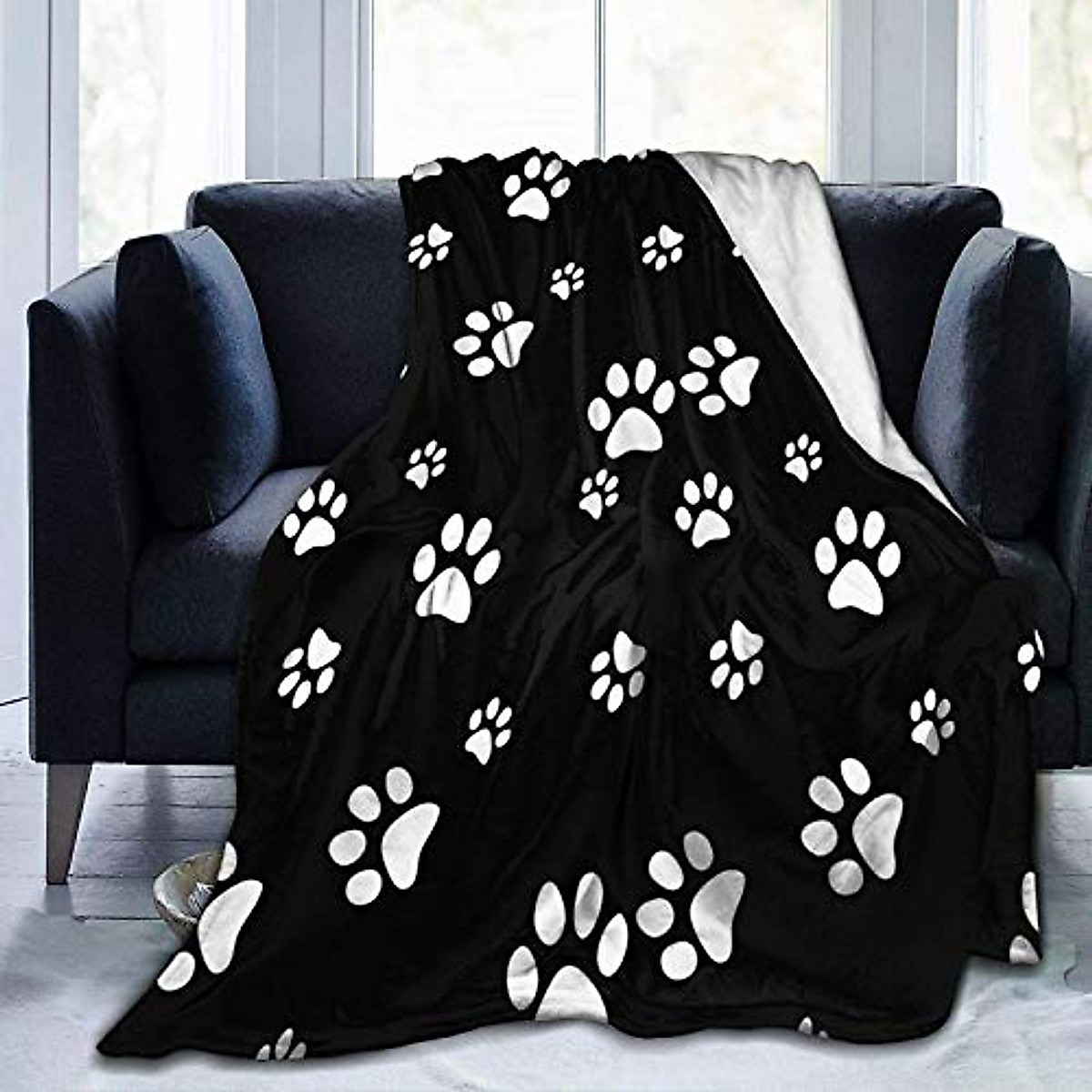 Ahuahua White Black Paw Print Micro Fleece Throw Blanket Ultra-Soft Throws for Bedding Couch Sofa 50" X40