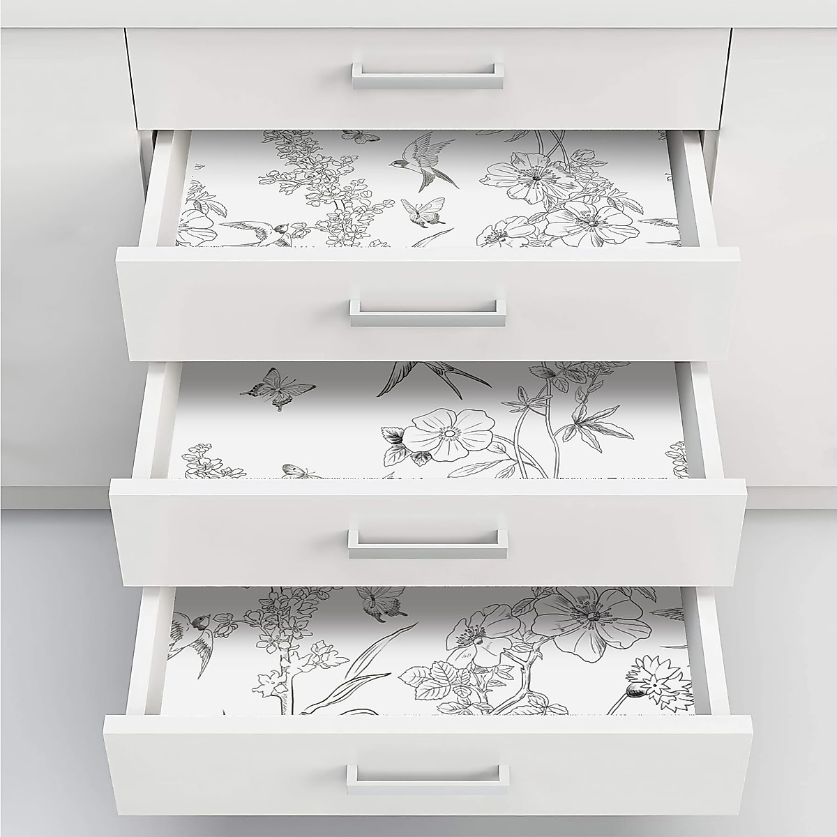 HomKihapai Vintage Wallpaper- Black and White Wallpaper Floral Peel and Stick Wallpaper Modern Bird Wallpaper for Bathroom Waterproof Contact Paper (Black and White, 118"X17.4")