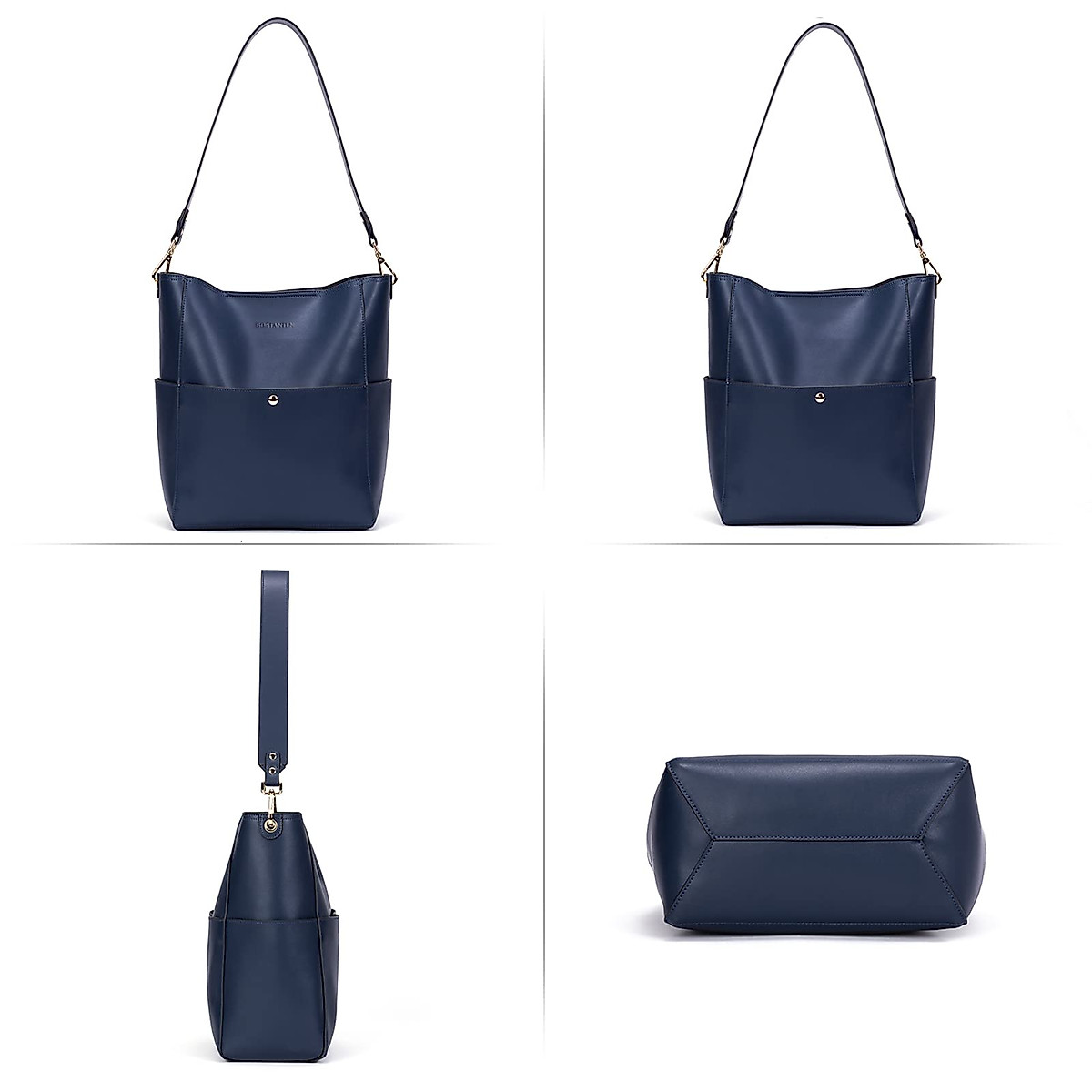 BOSTANTEN Women's Leather Designer Handbags Tote Purses Shoulder Bucket Bag Navy Blue