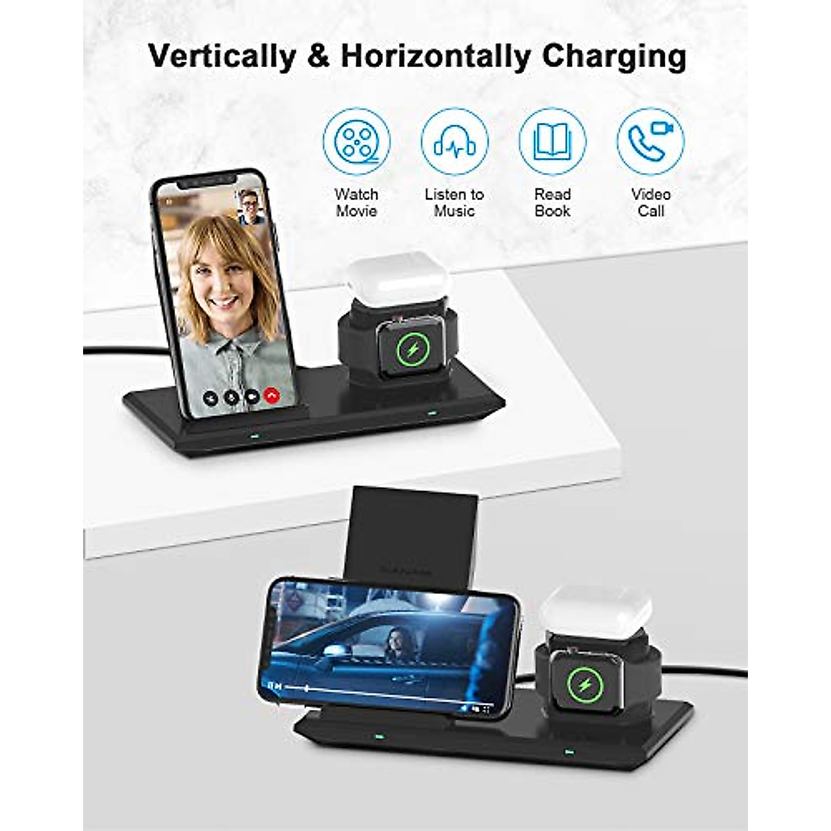 Wireless Charger - NANAMI 3 in 1 Fast Wireless Charging Station for Apple Watch Series 5/4/3/2/1,AirPods Pro, iPhone 15/14/13/12/11/XS/XR/X,Galaxy S24/S23/S22/S21/S20/S10/S9/Note 20(with 18W Adapter)