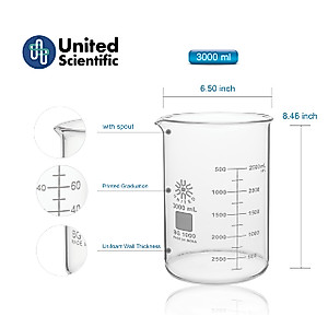 United Scientific™ BG1000-3000 Borosilicate Laboratory Grade Glass Beakers | Griffin Low Form Beaker | Graduated with Spout | Designed for Laboratories & Chemistry Classrooms | 3000mL Capacity