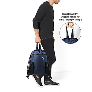 BeeGreen Navy Blue Drawstring Backpack Bag Cinch Sack Backpack with Zipper Pockets and Mesh Water Bottle Holders Beach Backpack Large 18" L x 15" W Gym Sprots Swim Bag