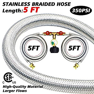 Upgraded 5FT Propane 2 Way Splitter Adapter Hose Stainless Braided Propane Y Splitter Hose 1 lb to 20 lb Converter with Shut Off Valve with Gauge Propane Hose Adapter 1lb Appliance to QCC1 5-40lb Tank