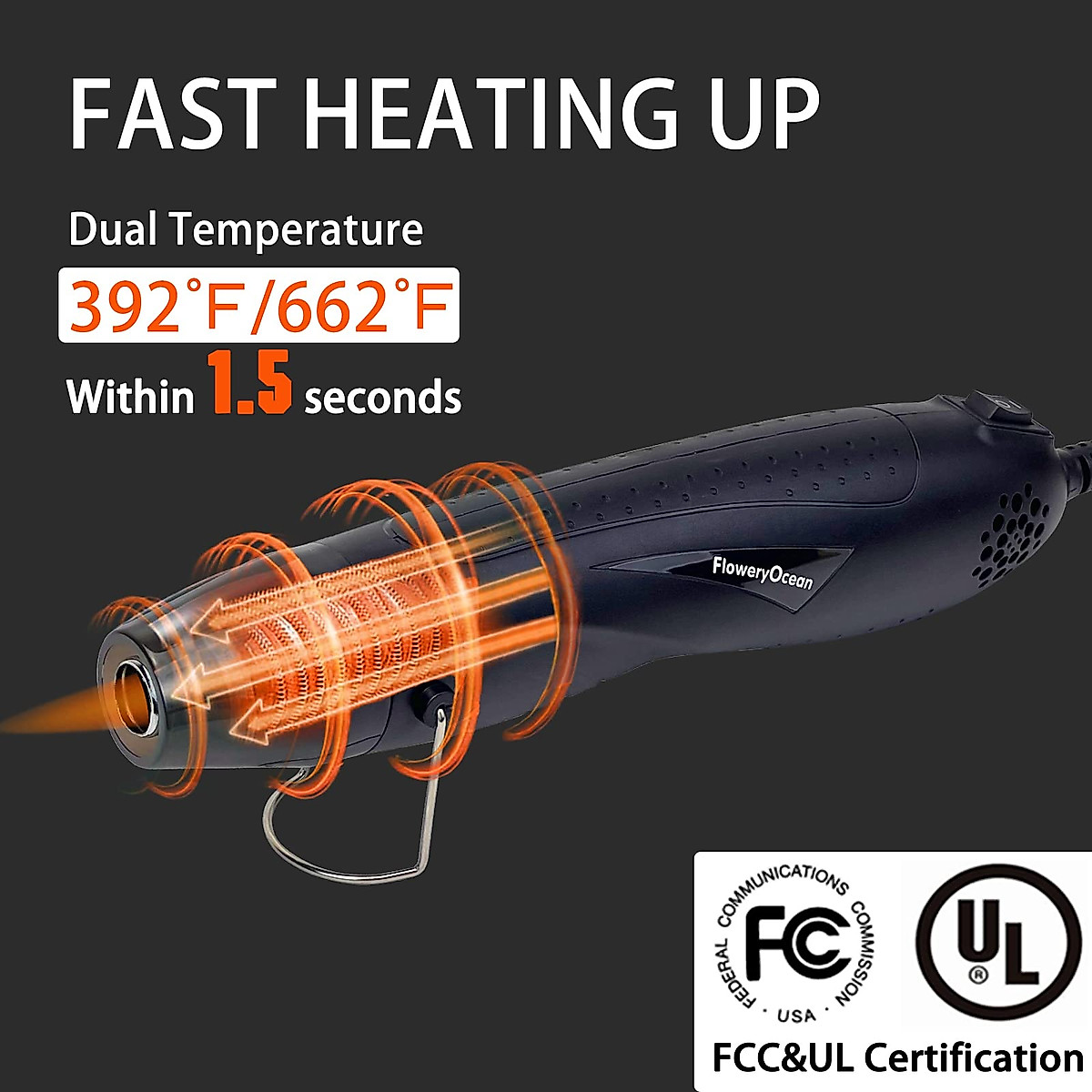 FloweryOcean Mini Heat Gun+Reflector Nozzle Kit 350W Fast Heat Hot Air Gun Overload Protection 2 Temp Setting 392°F-662°F & 6.6Ft Long Cable for Craft Shrink WrappingTubing Stripping Paint