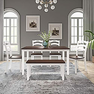 Merax Dining Table Sets, 6 Piece Wood Kitchen Table Set, Home Furniture Table Set with Chairs & Bench (White + Cherry)