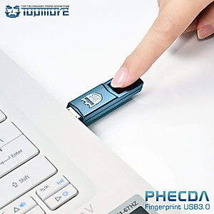 TOPMORE Phecda Fingerprint Recognition USB3.0 Flash Drive Fingerprint ID Security Flash Disk Biometric Fingerprint Reader Memory Stick (64GB, Blue & Silver)