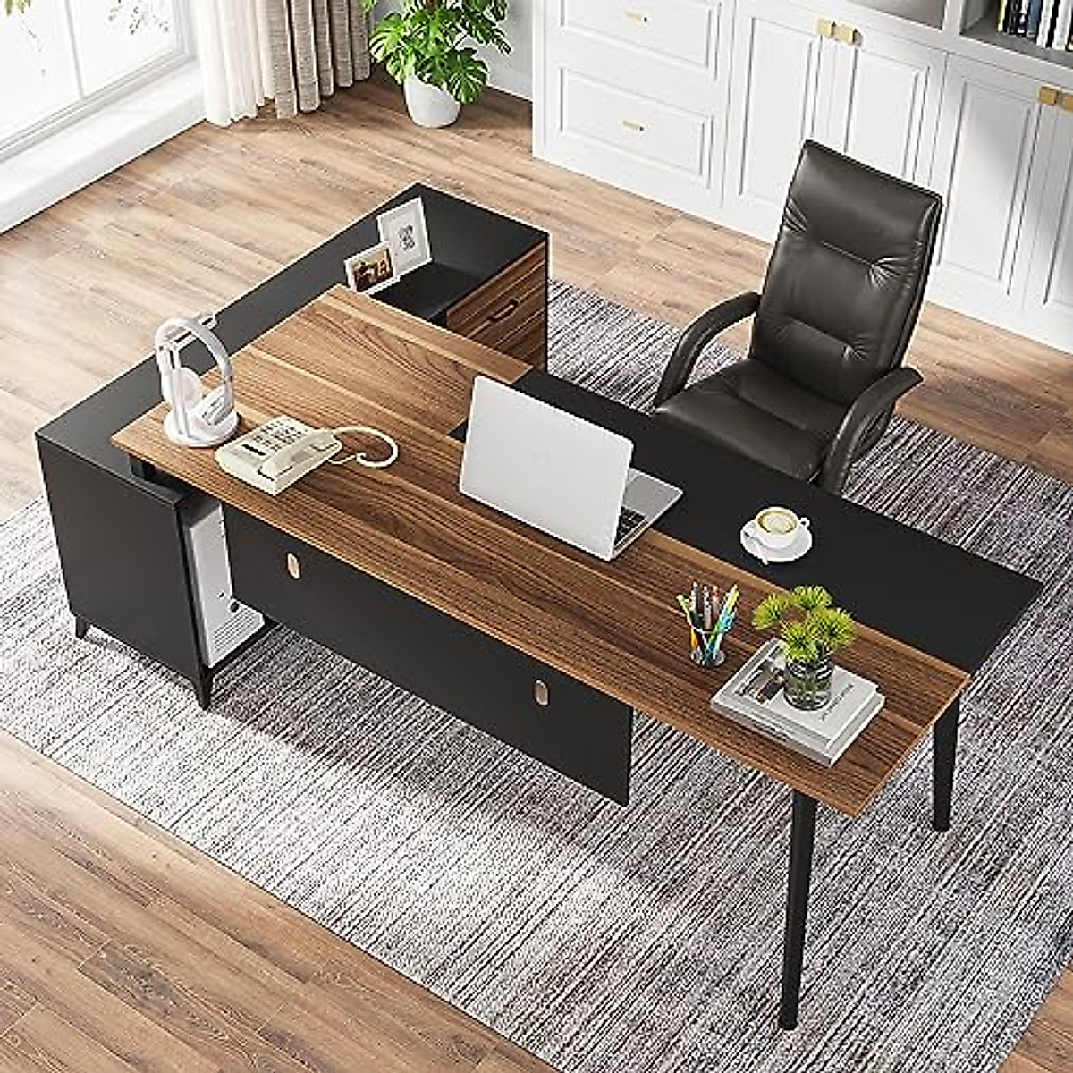 Tribesigns 70.8" Executive Desk with 43" Drawers File Cabinet, Large L-Shaped Computer Office Desk with Printer Stand, Business Furniture Workstation for Home Office
