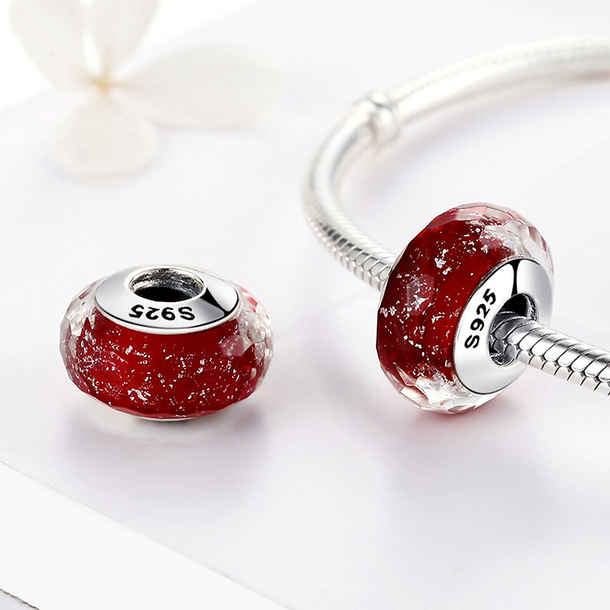 NINGAN Murano Glass Charm Fit European Bracelets and Necklaces (Red Class Shimmer)