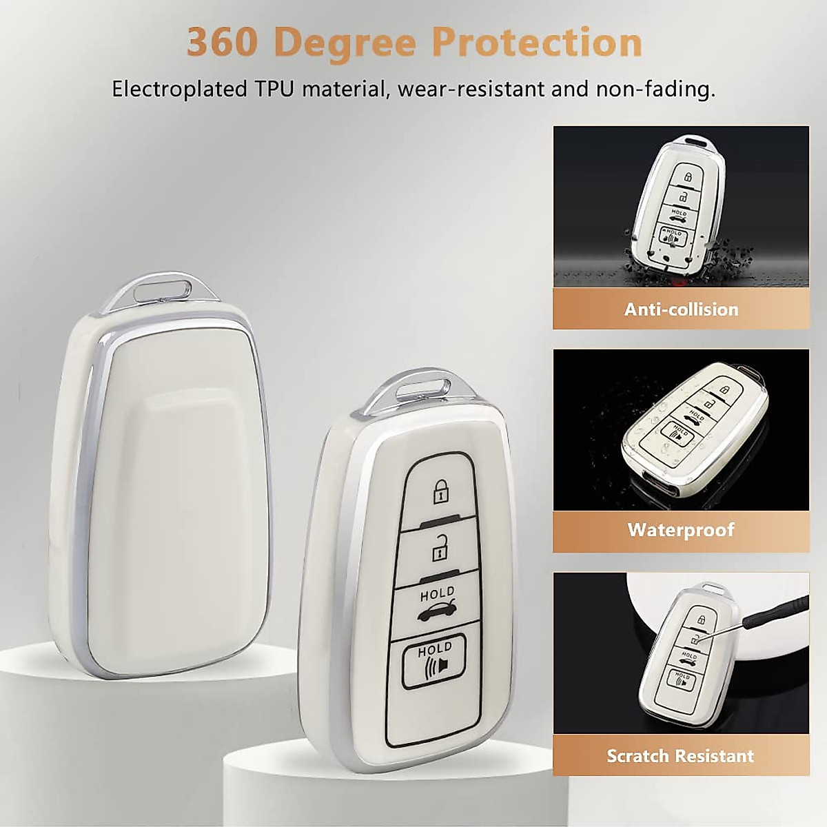 PIFOOG Key Fob Cover for Toyota Camry RAV4 Corolla C-HR Avalon Highlander Prius Smart Keys Case Shell Protector Bling Keychain Accessories 4 Button TPU Girly Women White Silver