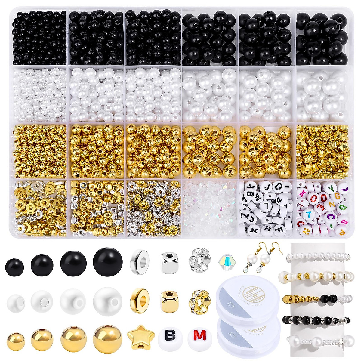 JADVY 1800 pcs Pearl Beads for Jewelry Making Kit with Spacer Beads, Black/White/Gold Pearl Beads for Bracelets, Necklaces, Earrings, DIY Pearls Bracelet Making Kit, Pearl Beads & Bead Assortments