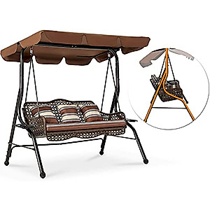 AECOJOY 3-Seat Proch Swing Chair, Patio Swing with Canopy, 2 Side Trays, 3 Pillows & Removable Cushion, Patio Wicker Swing with Stand Outdoor Swings for Adults, Balcony, Garden, Deck(Brown Rattan)