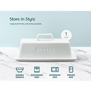 Kook Ceramic Butter Dish with Lid, Kitchen Countertop Butter Keeper, Serving Tray with Cover, Storage Container, Holds 1 Stick, Microwave and Dishwasher Safe, White