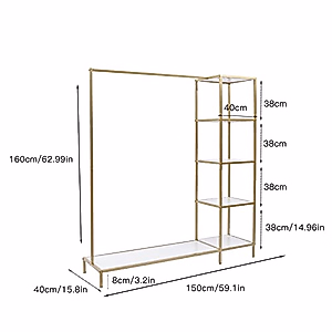 59"x63"Wardrobe Closet System Gold Clothing Rack Cothes Rack Shelf with Wood Shelves, Heavy Duty Metal Garment Rack Floor Standing Commercial Retail Display Hanging Rack for Boutiques, Bedroom
