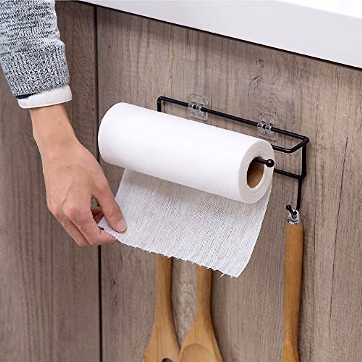 Iron Racks Kitchen Nail-Free Seamless Paste Hanging Paper Towel Bathroom wall Hook Wardrobe Closet Rack Toiletries Cabinet Storage Rack (Black)