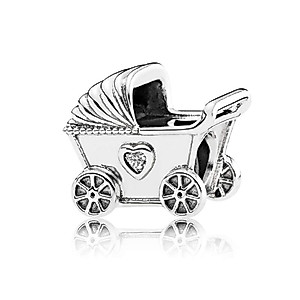 MiniJewelry Women Baby Pram Car Charm for Bracelets Necklaces Pendants Newborn Mom Mother Mum Present Sterling Silver Bead Family Birthday Christmas