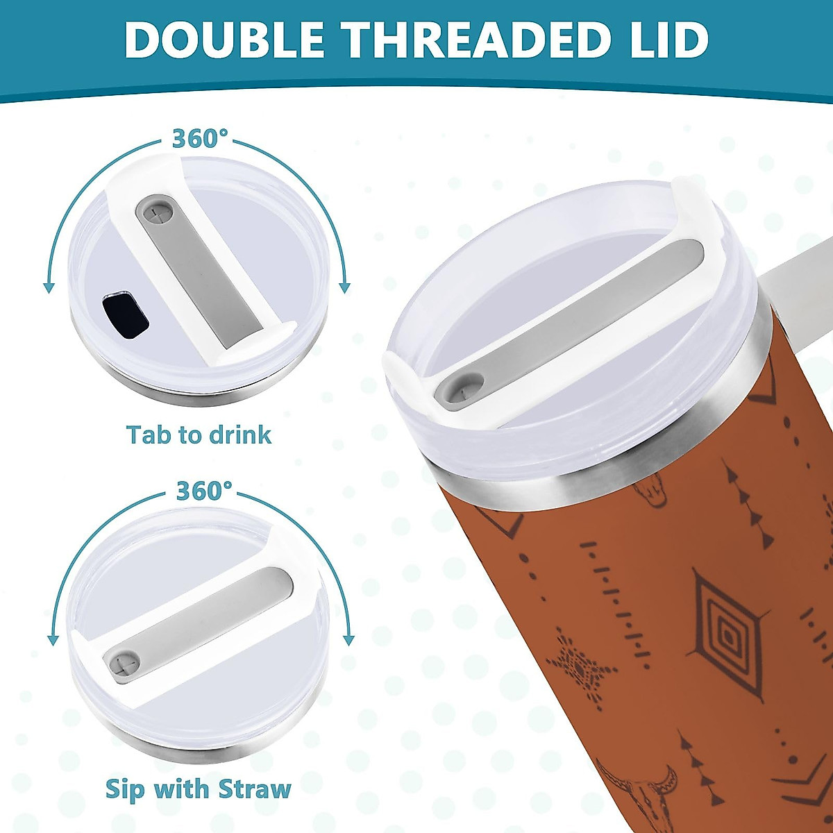 40 oz Insulated Coffee Tumbler With Lid and Straw Water Bottle Stainless Steel Tumbler for Men & Women Unique Gift Idea Brown Geometric Bull - Head 27