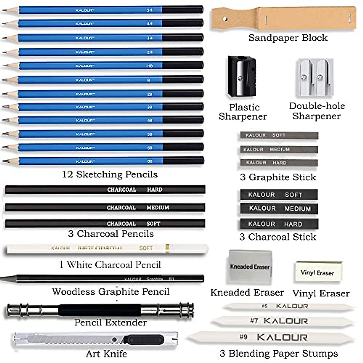 KALOUR 33 Pieces Pro Drawing Kit Sketching Pencils Set,Portable Zippered Travel Case-Charcoal Pencils, Sketch Pencils, Charcoal Stick,Sharpener,Eraser.Art Supplies for Artists Beginner Adults Teens