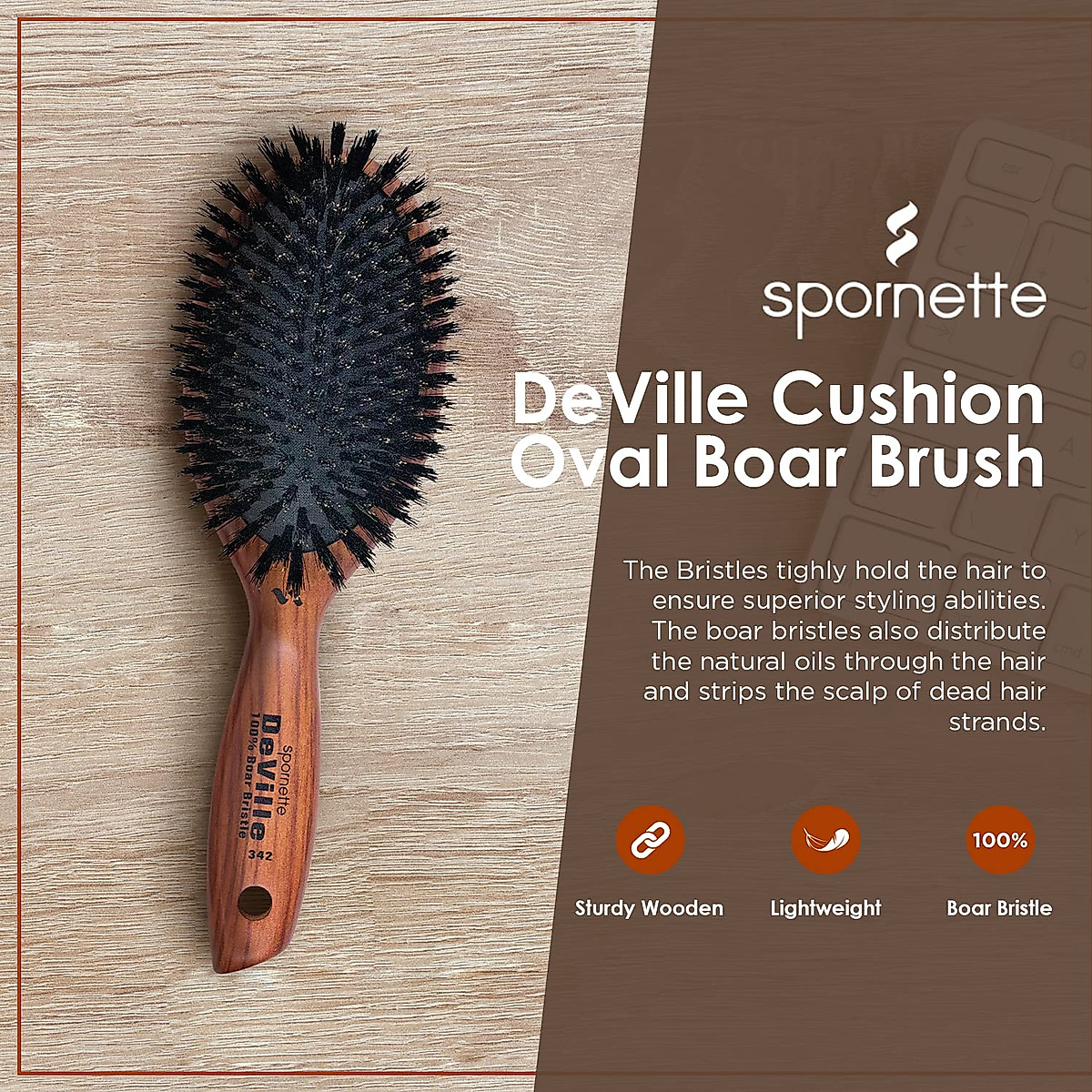 Spornette Deville Boar Bristle Wooden Paddle Hair Brush for Women - Cushion Oval Hair Straightening Brush for Blow Drying, Detangling, Smoothing & Styling